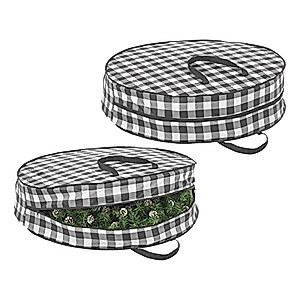 mDesign Round 30" Wreath Storage Container with Handles, Fabric Christmas Wreath Storage Bag, Protector, Garland Storage Bag Container, Holiday Decoration Organizer - 2 Pack, Buffalo Plaid Black/White