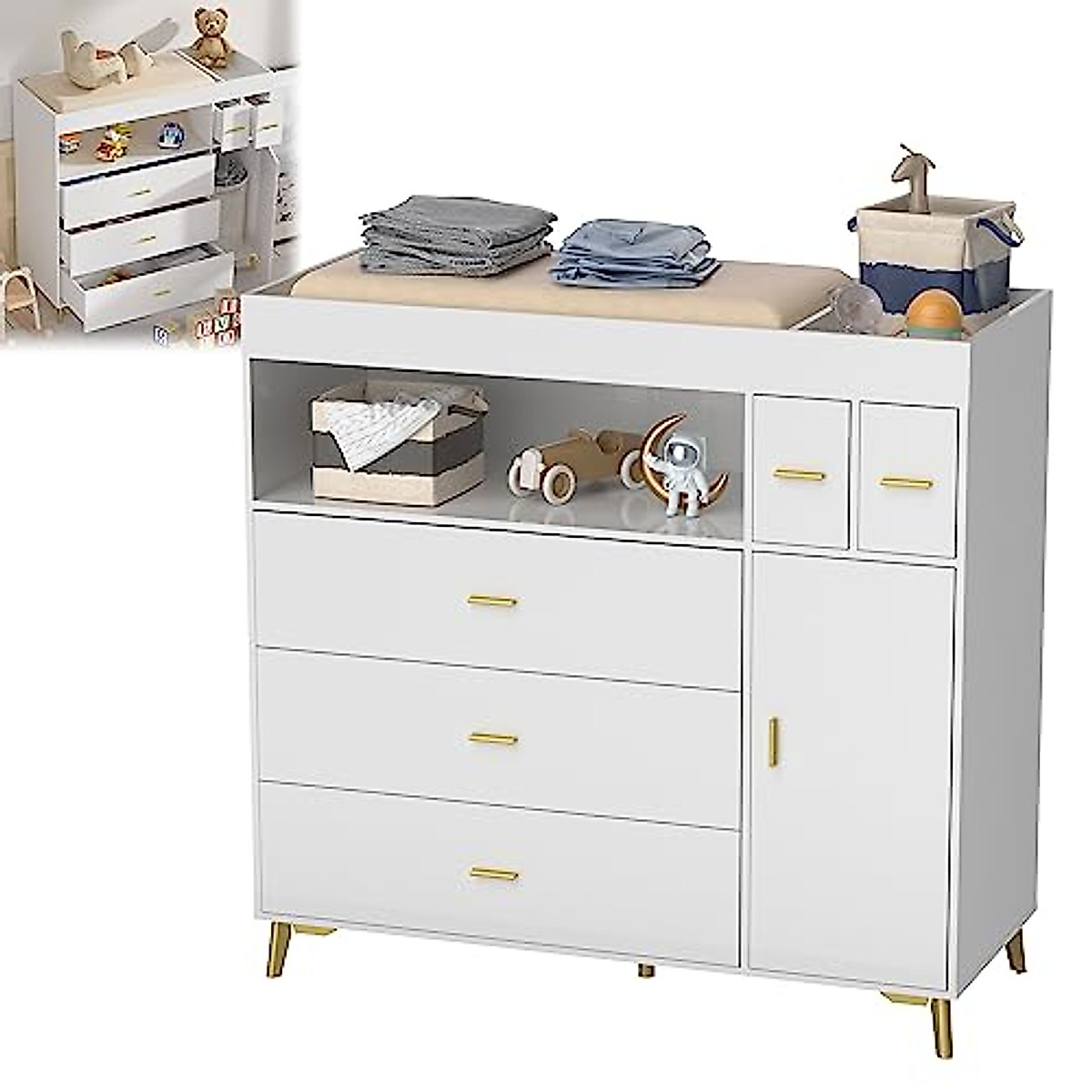 PakaLife Changing Table with Drawers, White Drawer Dresser,Changing Table Dresser with 5 Drawer & Cabinet