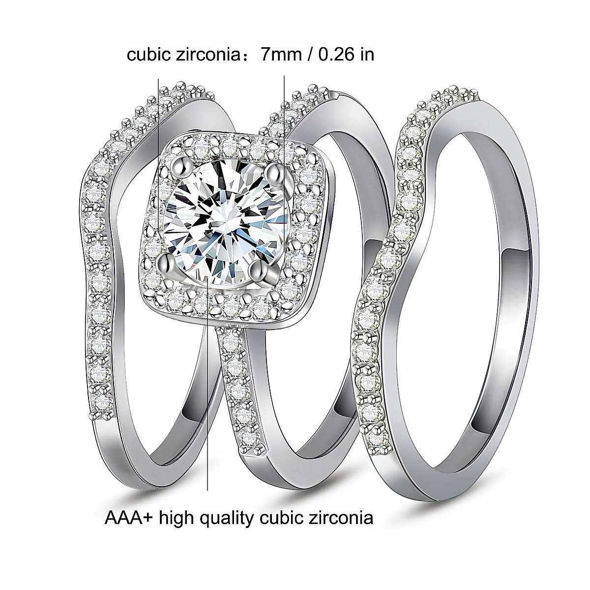 OPOMOMO Three-in-One Wedding Engagement Rings,18K White Gold Plated Halo Promise Eternity Rings 9