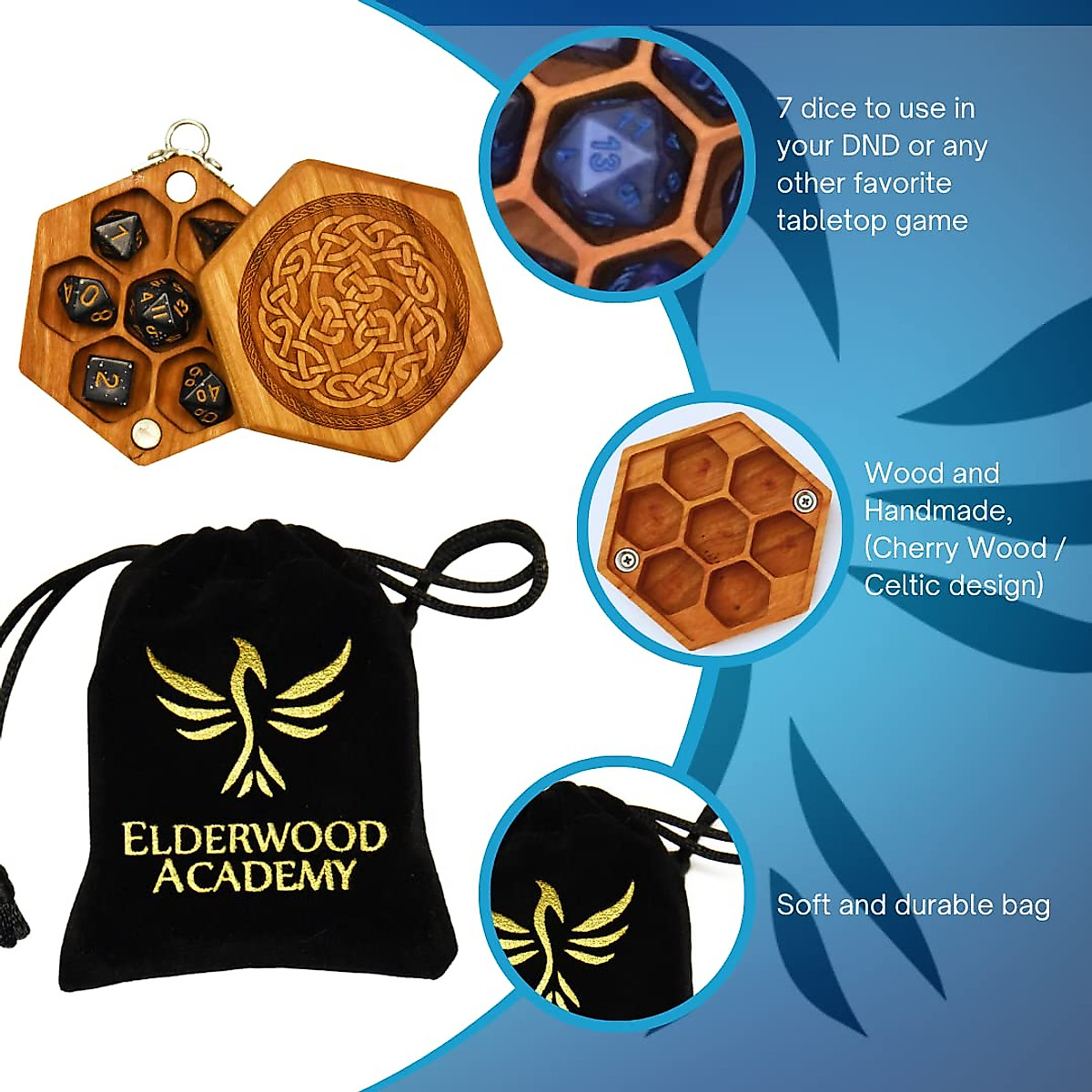 Elderwood Academy Pocket Sized Hex Dice Wood Chest with Magnetic Lid - Perfect for DnD, Magic the Gathering Dice Counters and Any Other Tabletop Games (Mini-Cherry/Celtic)