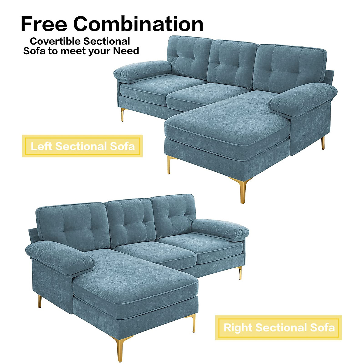 TEKAMON 82.7" Blue Convertible Sectional Sofa, Chenille Fabric L-shaped Couch, Small 3 seats Reversible Sleeper Sofa with Machine Washable Covers for Living room,Apartment and Small Space, Gloden legs