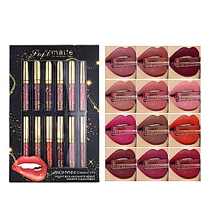 Matte Liquid Lipstick set Waterproof Long Lasting Non-Stick Cup Liquid Lipgloss Velvety Liquid Lipstick Kiss-proof Durable Nude Lip Gloss (12PCS)