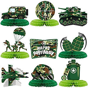 9 Pieces Army Party Decorations Camouflage Birthday Party Decorations Military Honeycomb Centerpieces for Tables Decorations for Boys Girls Birthday Party Baby Shower Supplies Decor Photo Prop