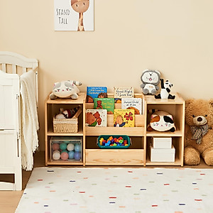 F3C | Montessori Bookshelf and Toy Storage | 3-Section Kids Bookshelf for Organizing Books | 2-Shelf Toy Organizers and Storage Cabinet | Natural Wood Bookcase with Storage | Kids Organizer
