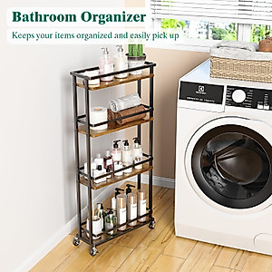 Giwil Slim Storage Cart 4 Tier Narrow Kitchen Rolling Cart on Wheels for Small Space, Mobile Spice Rack Seasoning Organizer Utility Serving Cart for Kitchen Bathroom Laundry, Brown