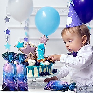 100 Pieces Outer Space Party Bags Plastic Galaxy Theme Bags Goodie Favor Bags Party Candy Bags with 100 Silver Twist Ties for Birthday Baby Shower Supplies
