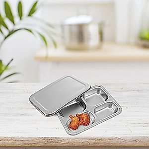 Cabilock Stainless Steel Divided Plate with Lid Rectangular 4 Compartment Serving Tray Platter Dinner Snack Dish for Kids Lunches Portion Control Camping
