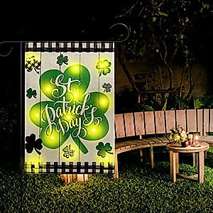 St Patricks Day Lighted Garden Flag 12x18 Double Sided Buffalo Check Plaid Durable Burlap Shamrock Garden Flag with Led Lights for Lawn Party St Patricks Day Outdoor Decorations (Style 1)