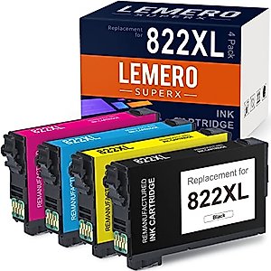 822XL LemeroSuperx Remanufactured Ink Cartridges Replacement for Epson 822XL 822 XL Combo Pack, for WF-3820 WF-4820 WF-4830 WF-4834 WF-4833 Printer Ink (Black Cyan Magenta Yellow, 4 Pack)