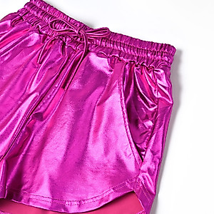 Women's Metallic Shorts Rose Pink Yoga Shiny Sparkly Hot Drawstring Outfit Small