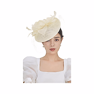 BABEYOND Women's Pillbox Fascinator Hat Kentucky Hat Feather Derby Fascinator Tea Party Fascinator Hat with Veil for Cocktail Off-White