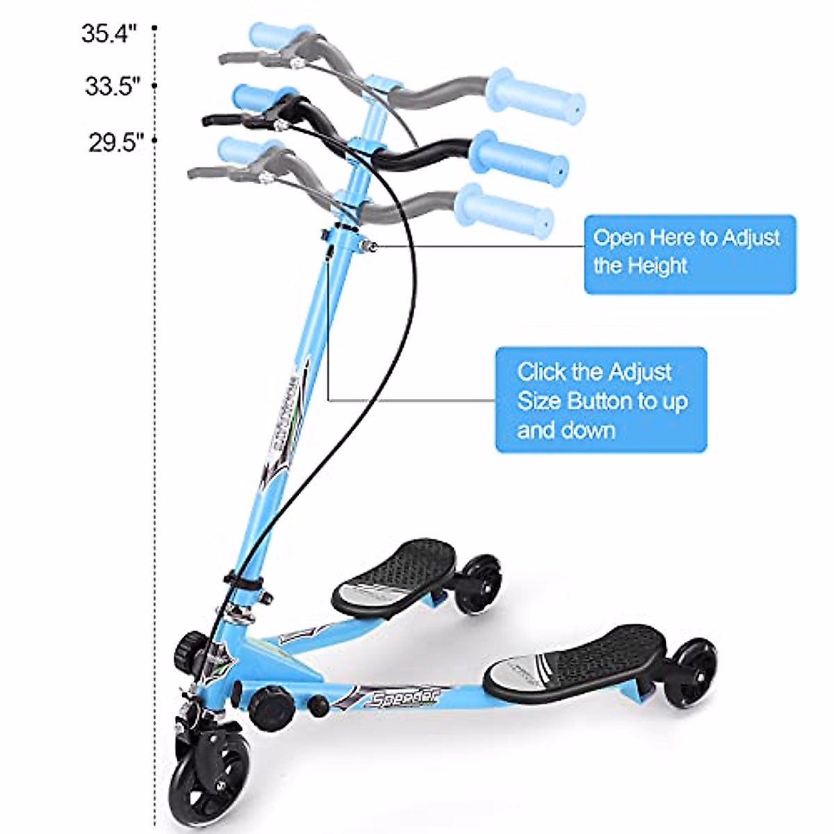 3 Wheels Swing Scooters Foldable Wiggle Drifting, 4-Level Adjustable Height Speeder Scooter for Boys (LED Blue)
