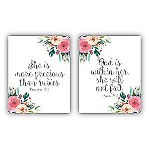 God is within her she will not fall, She is more precious than rubies, Baby Girl Nursery Art, Bible Scripture Print, Psalm 46, Proverbs 3, 8x10 Unframed