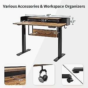 FEZIBO Electric Height Adjustable Standing Desk with Double Shelves, 48 x 24 Inch Home Office Desk with Monitor Stand and Storage, Sit Stand Lift Desk, Rustic Brown