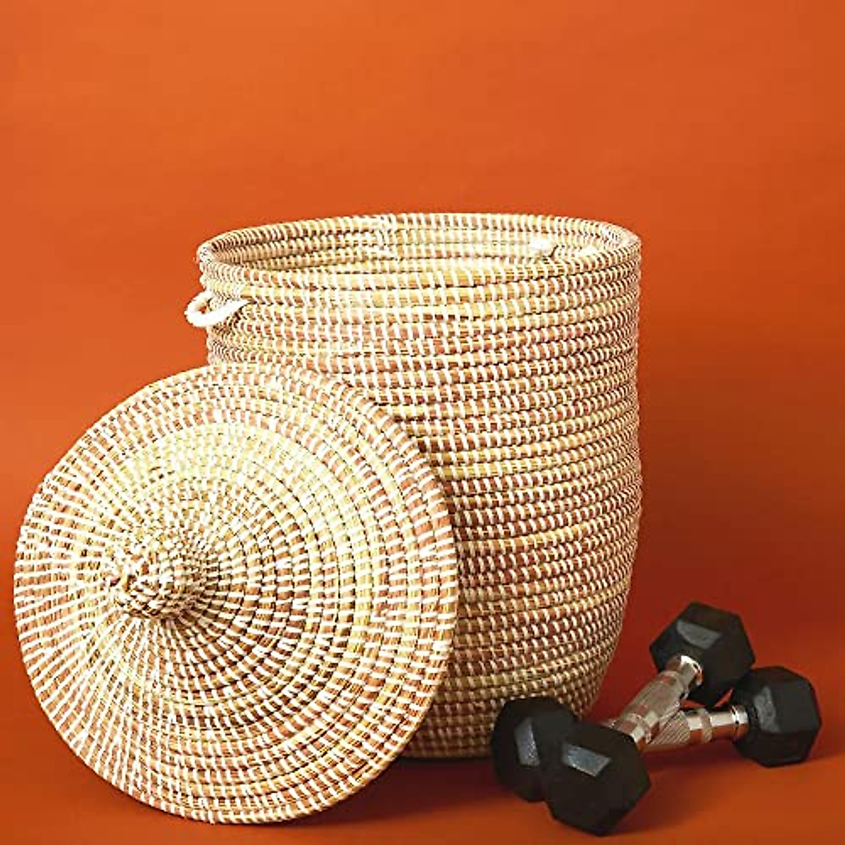 Senegal Large Solid White Color Hand Woven Grass Basket with Hooded Lid