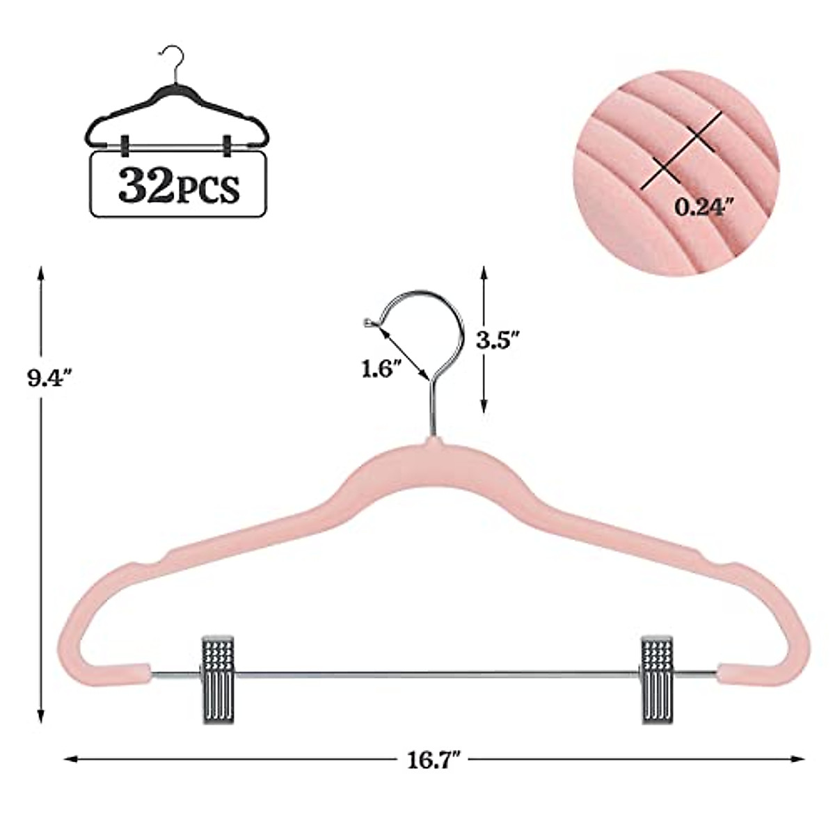 HOUÍSM Premium Velvet Pants Hangers, 16.7inch Slim Skirt Hangers with Adjustable Clips - Heavy-Duty, Non-Slip, Ultra Thin, Space Saving Flocked Hangers for Coat, Suits, Dress & Shirt (Cloud Pink)