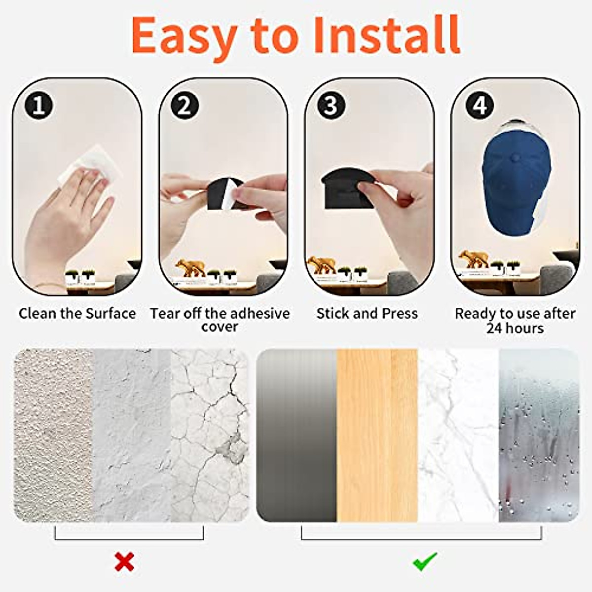 10 Pack Hat Rack, Hat Hanger and Hook, No Drilling and Wall Storage - Hat Holder Fits Baseball Caps and Hat of All Size - Easy to Install Hat Rack Wall Mount,Hat Holder Organizer for Bedroom - Black