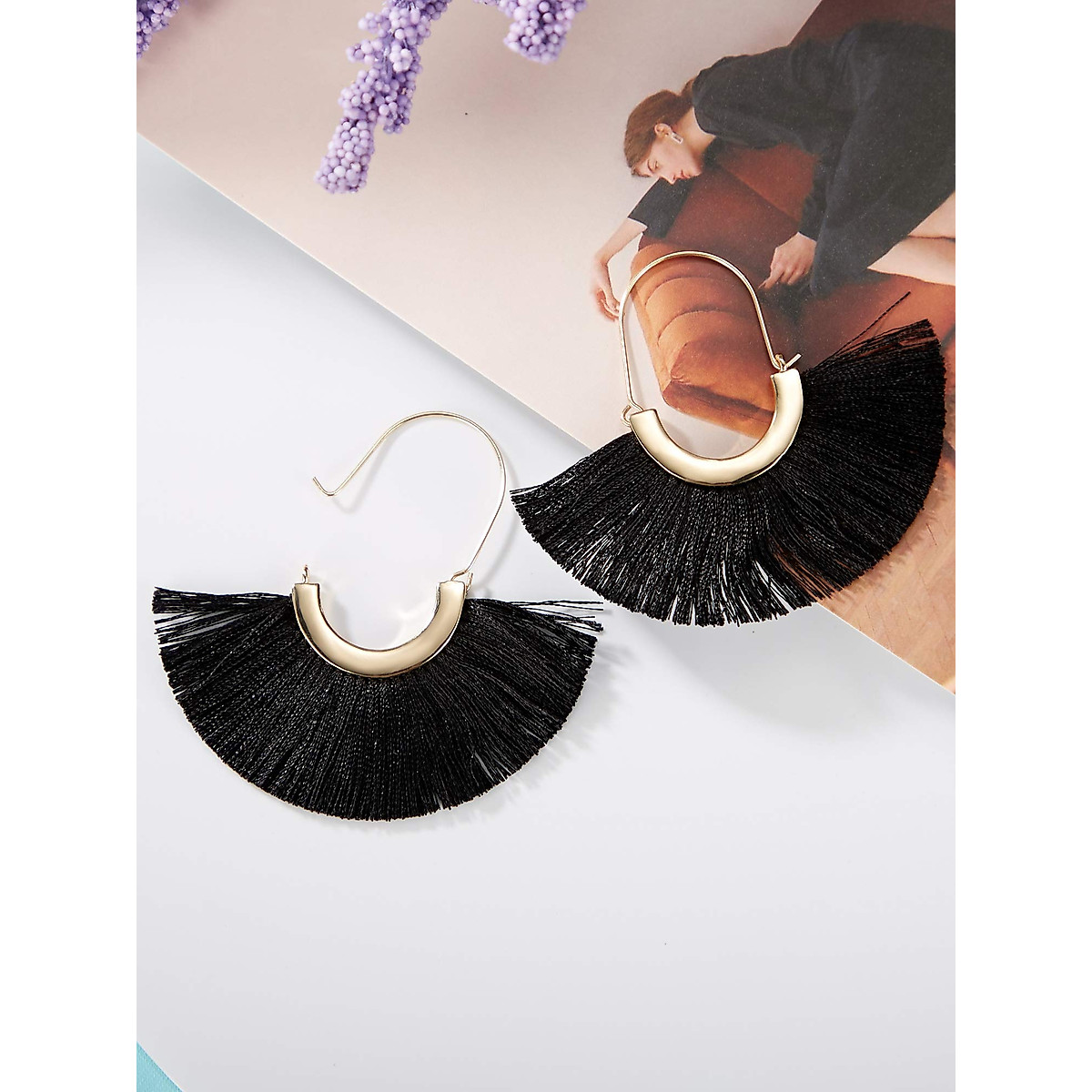3 Pairs Fan Tassel Earrings for Women Fringe Earrings Semi Circle Fan Silky Threader Dangles Hoops