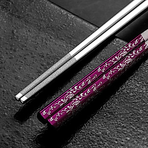 Metal Chopsticks With Case Stainless Steel Chopsticks Titanium Plated Reusable Chopstick lightweight Engraved Non-slip 18/10 Korean Japanese Chinese Chopstick,Dishwasher Safe 5 Pairs Set(BJ-Multi05)