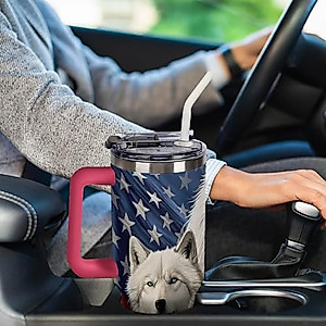 Patriotic Wolves 40 Oz Stainless Steel Cup Travel Tumbler with Handle and Straw Lightweight Coffee Mug for Home Office