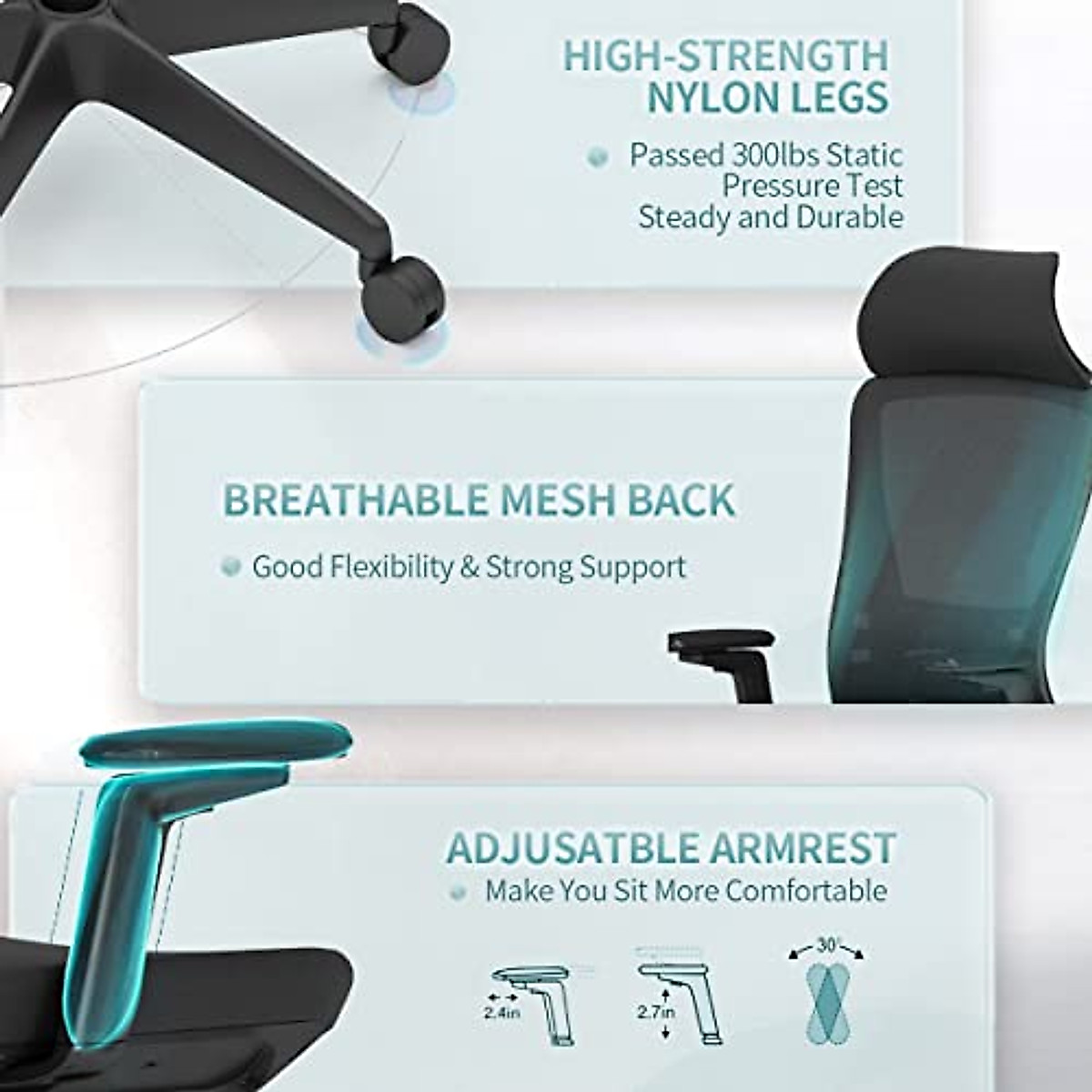 FANMEN Home Office Desk Chair, Ergonomic Mesh Executive Office Chair with 3 Position Tilt Function, Comfortable High Back Black Computer Chair with 3D Adjustable Armrest & Lumbar Support