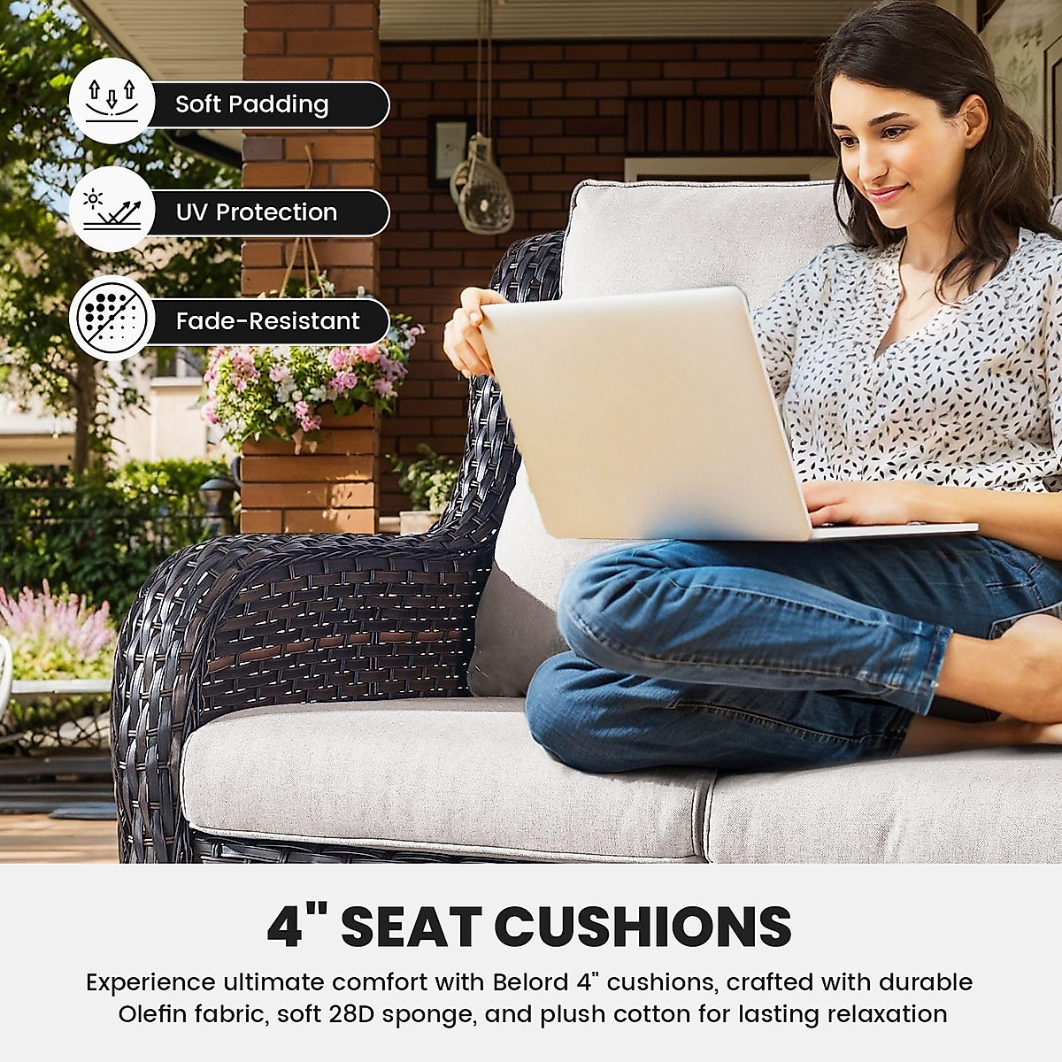 Belord Outdoor Furniture 3-Seater Rattan Sofa Patio Wicker Sofa Couch Furniture Set with Washable Cushions