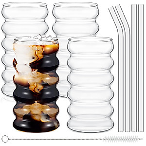 Tessco 4 Pcs Creative Glass Cups Vintage Drinking Glasses Ribbed Glassware Aesthetic Cups Entertainment Dinnerware Glassware with Straws Set for Kitchen Coffee Juice Beverage (Clear,16 oz)