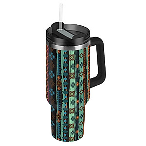 Yasala Car Tumbler with Handle Ethnic Boho Tribal Classic Travel Mug Coffee Cup Insulated Beverage Container Mega Cup for Hot Cold Drinking Thermos Water Bottle Cupholder Friendly 40 oz