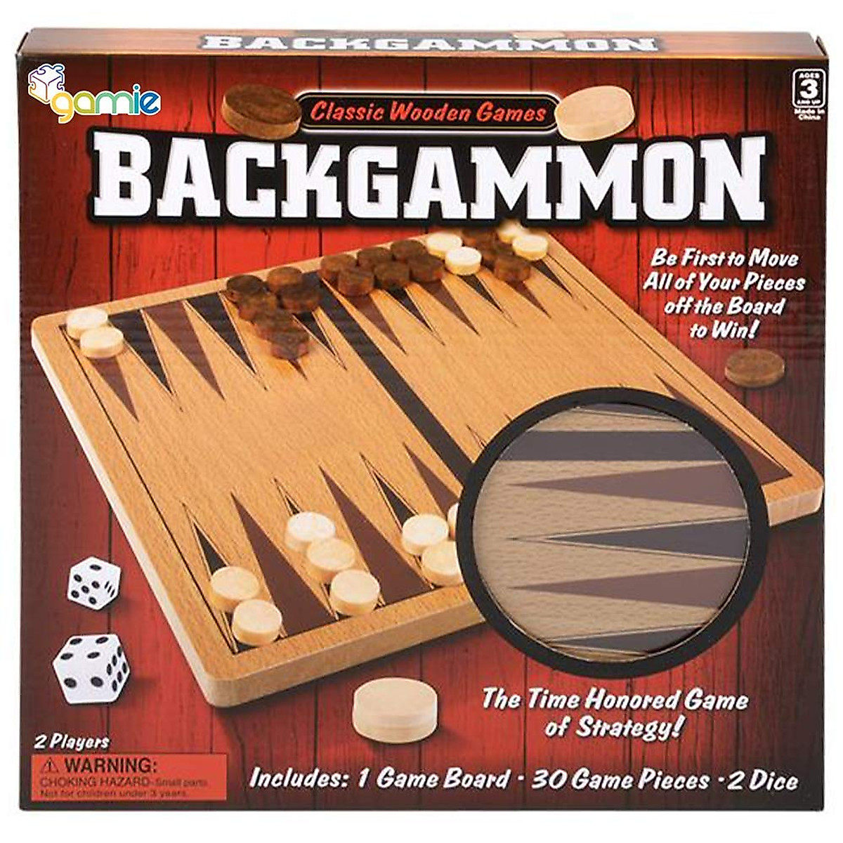 Gamie Wooden Backgammon Board Game Set, Includes Wood Board, 30 Game Pieces, and 2 Mini Dice, Classic Family Night Strategy Game, Great Gift for Kids and Adults