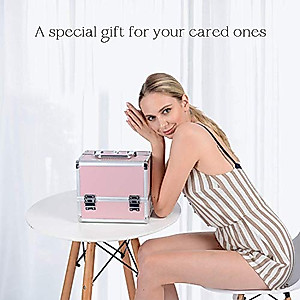 Joligrace Makeup Train Case Cosmetic Box 10 Inches Jewelry Organizer Professional 3 Tiers Trays with Mirror and Brush Holder Lockable Key Portable Travel Mermaid Pink