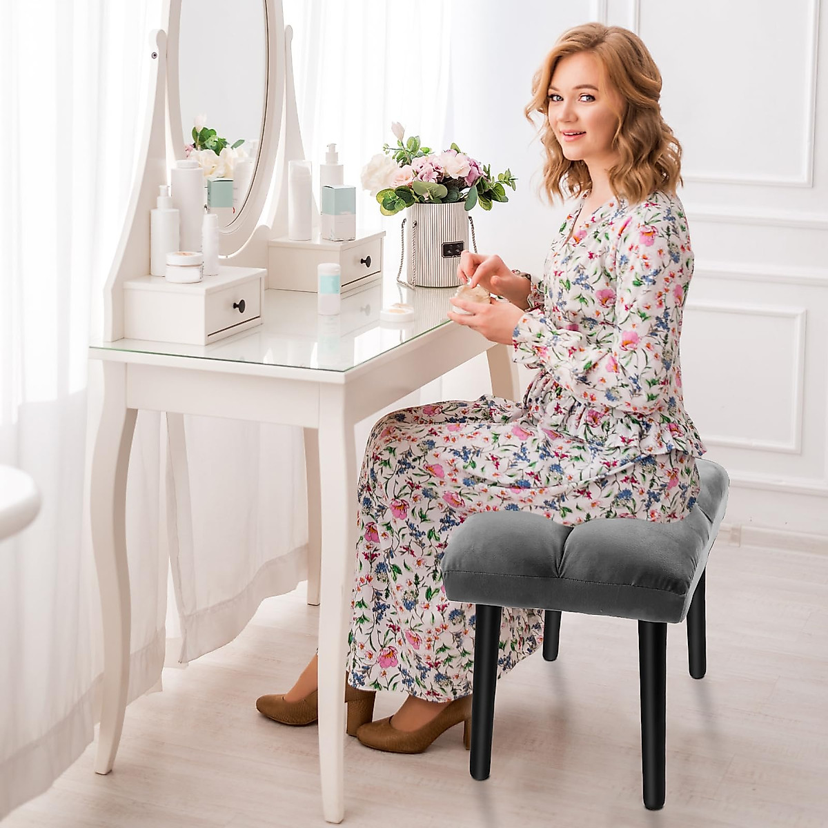 HOUCHICS Gray Vanity Stool Ottoman Stool, Square Makeup Stool with Wooden Legs, Small Ottoman Stool Chair for Vanity, Modern Padded Sofa Seat Foot Rest Stool(Gray)