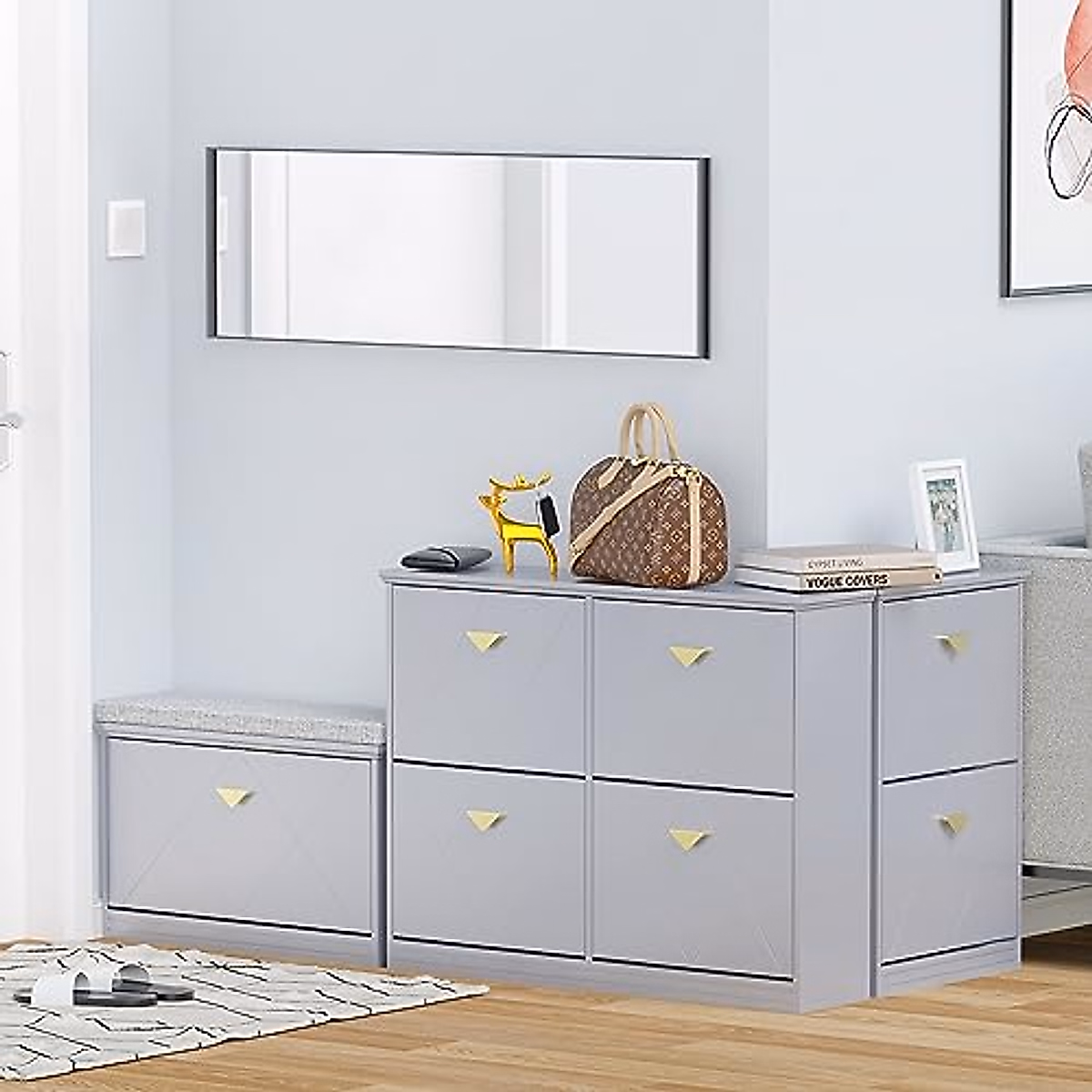 joibabe Shoe Cabinet with Flip Drawers, Shoe Bench with Removable Cushion, Free Standing Tipping Bucket Shoe Rack Organizer with Adjustable Shelf, Shoe Storage Cabinet