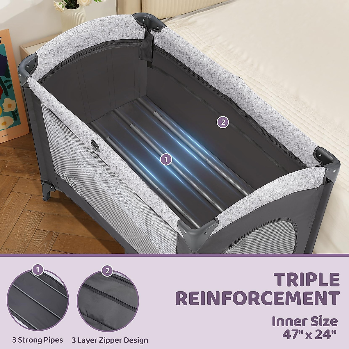 ELEMARA 3 in 1 Wide Baby Bassinet with Ajustable Side,2024 All Mesh Bedside Sleeper with Mattress,Sheet,Storage Pocket,Wheels and Trap,Playpen Travel Crib Bed with Bag