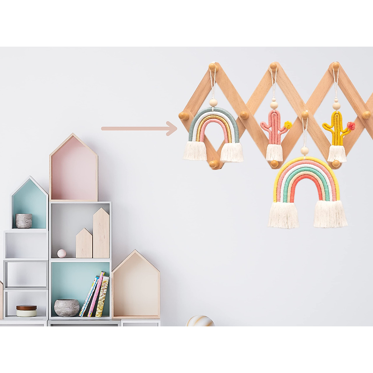 Mila Millie Macrame Wall Hanging | Handmade Woven Tassel Ornament for Home or Nursery Baby Kids Room Decor | Boho Nordic Scandinavian Style (Pink Gold Teal)