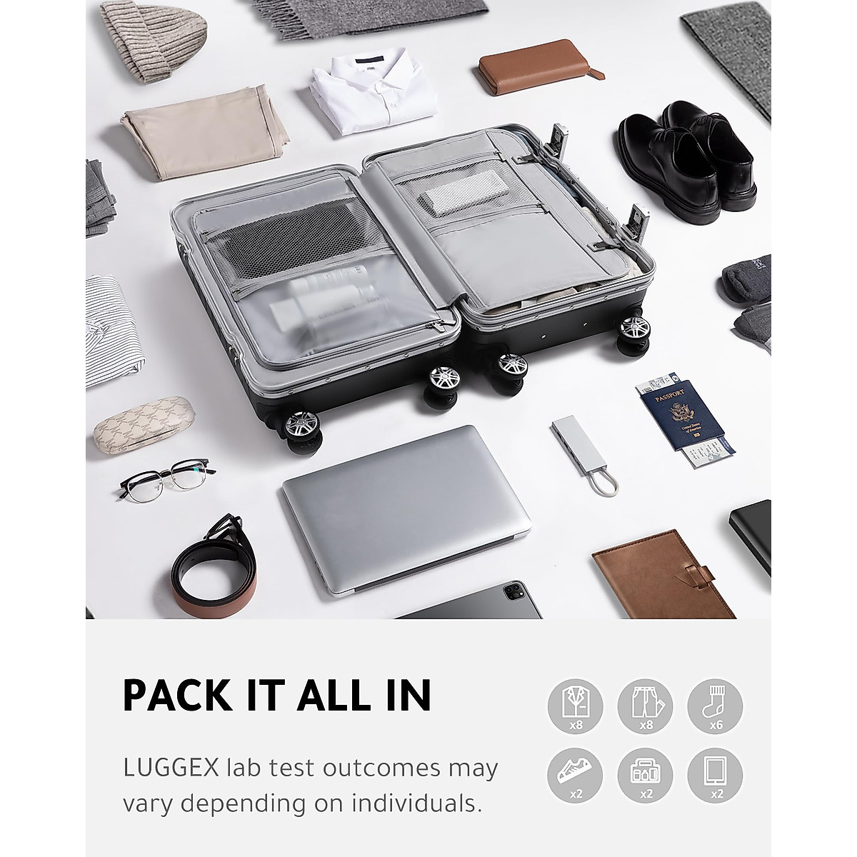 LUGGEX Carry On Luggage with Aluminum Frame, Polycarbonate Zipperless Luggage with Wheels, White Hard Shell Luggage 4 Metal Corner