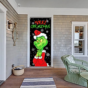 Christmas Door Cover Decorations Green Backdrop Merry Christmas Porch Sign for Indoor Outside Front Door Party Supplies（29.5x70.8in）