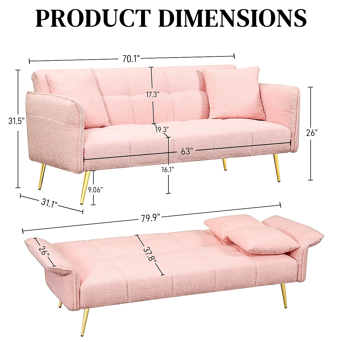 OUYESSIR Teddy Futon Sofa Bed with 2 Pillows, Small Couch, Convertible Futon Sleeper Sofa with Folding Armrests, 70" Modern Loveseat Couch for Bedroom, Living Room (Pink)