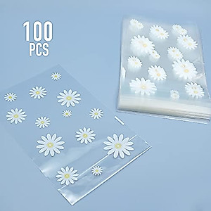 souG 100pcs Gusseted cellophane Bags Little White Daisy Cookie Bags (Size 5.9"x9"x2" with Gold Twist Ties, Best Gusset Bag for Presenting Packaged Treats, Candy, Popcorn etc.
