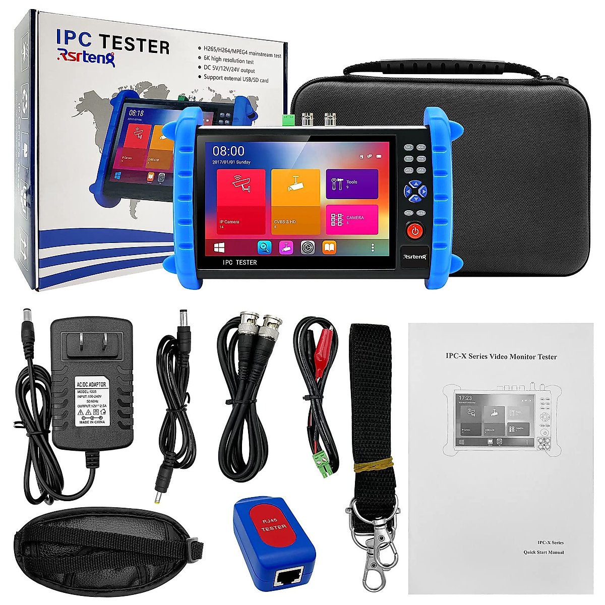 Rsrteng CCTV Camera Tester, IPCXS-ACHITU Security IP Camera Tester 8MP CVI TVI AHD SDI CVBS Camera Tester 7inch IPS Touch Screen Support TDR POE WIFI 4K HDMI IPC Tester