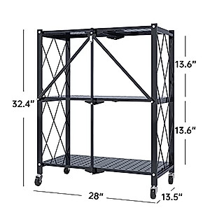 Wellynap 3-Tier Foldable Standing Shelf, Metal Rack Storage Shelving Units with Rolling Wheels, Moving Easily Organizer Shelves Great for Garage Kitchen, Black