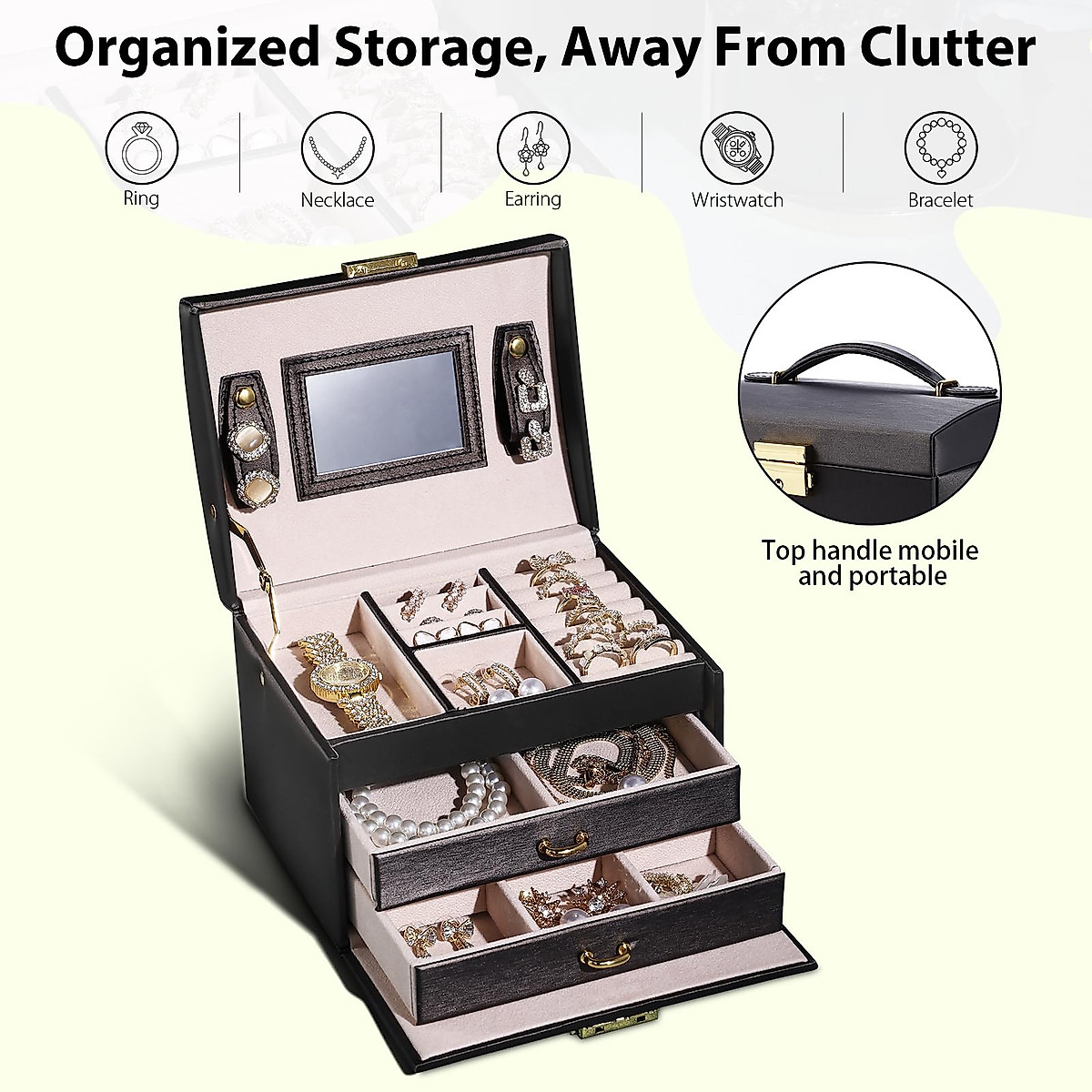 Jewelry Box for Girls Women, Jewelry Organizer Box 3 Layer with PU Leather, Travel Jewelry Case with Mirror,Jewelry Storage for Earrings Rings Bracelets Necklaces,Gifts idea for Women Girls Mom