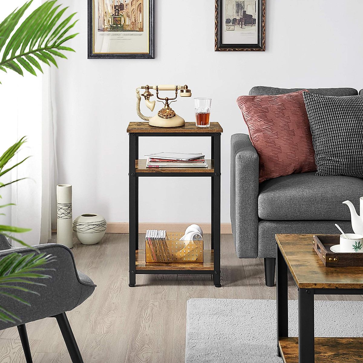 Yaheetech Living Room 3-Piece Coffee Table Sets for Home and Office, Lift Top Coffee Table with Baskets & Hidden Compartment, 2PCS Rustic Industrial End Tables with 2-Tier Shelves, Rustic Brown