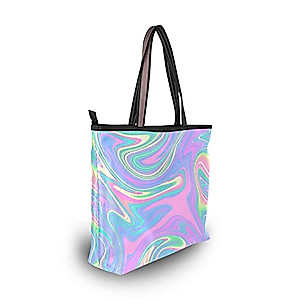 Bolaz Tote Bag with Pockets for Women Rainbow Marble Holographic Shoulder Bag Handbags Zipper Small Travel Office Business