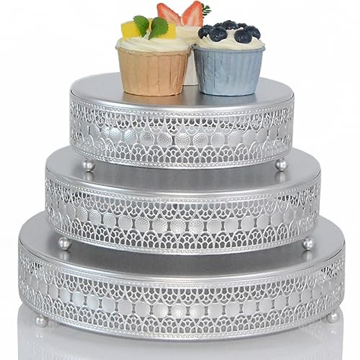 FEICTPOX Cake Stand Set of 3 Metal Cupcake Stands Dessert Display Plate for Wedding Party Birthday … (Silver)