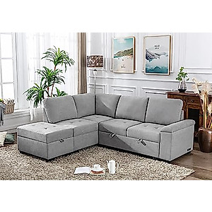 Merax Sofa Bed Sleeper Couch L Shaped Sofa with Storage Ottoman, L-Shape Sectional Couch with Comfortable backrest for Living Room and Small Apartment (Gray)