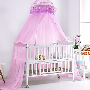 Goplus Princess Bed Canopy Netting Dome with Elegant Ruffle Lace for Girls and Baby Room Decor, Bed Curtains Mosquito Net for Twin, Full, Queen Size Beds, Pink
