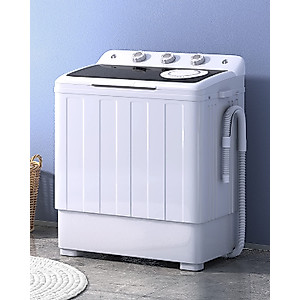 TABU 28lbs Portable Washing Machine with Drain Pump, Laundry Compact Washer Machine, Twin Tub Washing Machine, Washer and Spiner Machine for Dorms, Apartments, RVs (White & Black)
