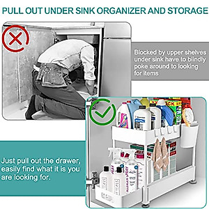 Under Sink Organizer, 2 Tier Bathroom Organizer Under Sink with Hooks, Hanging Cup, Under Kitchen Sink Organizer and Storage, Under Sink Slide-out Drawer Organizer Black