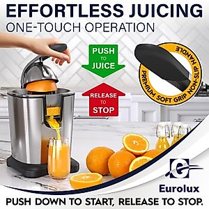 Eurolux Electric Citrus Juicer Power Pro - ELCJ-3000 - with 300 Watts of Power, This is The Most Powerful Juicer, for an Easy Smooth Juicing Experience | with Its New Updated Design
