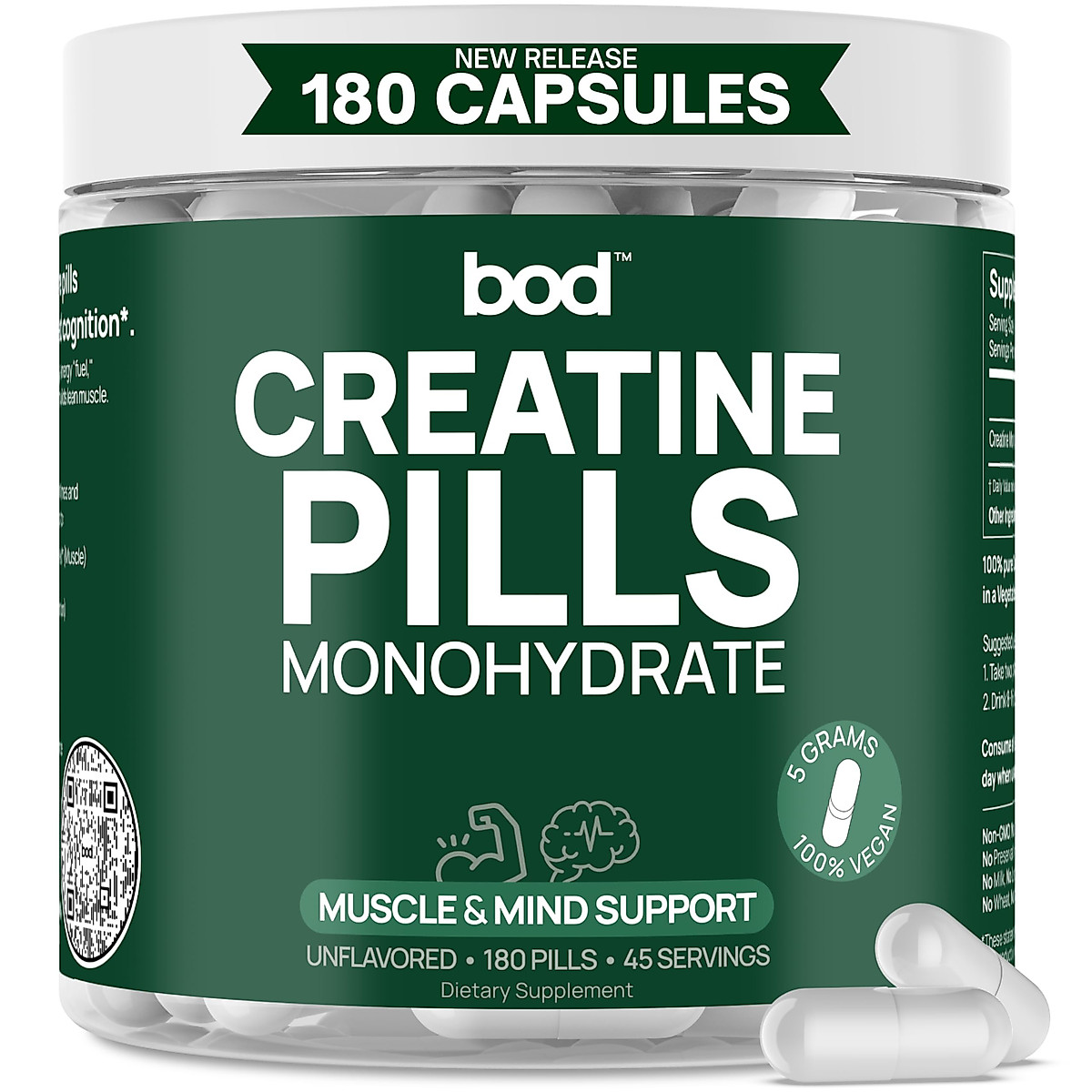 Goba Tea BOD Creatine Monohydrate Pills for Muscle Support, Vegan Pre or Post-Workout Creatine Capsules for Women and Men, 5g Micronized & Instantized Creatine per Serving, 45 Servings, 180 Capsules